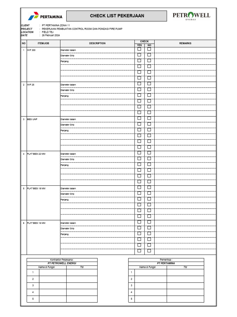 Form Checklist Inspeksi Material BESI IWF DAN PLAT | PDF