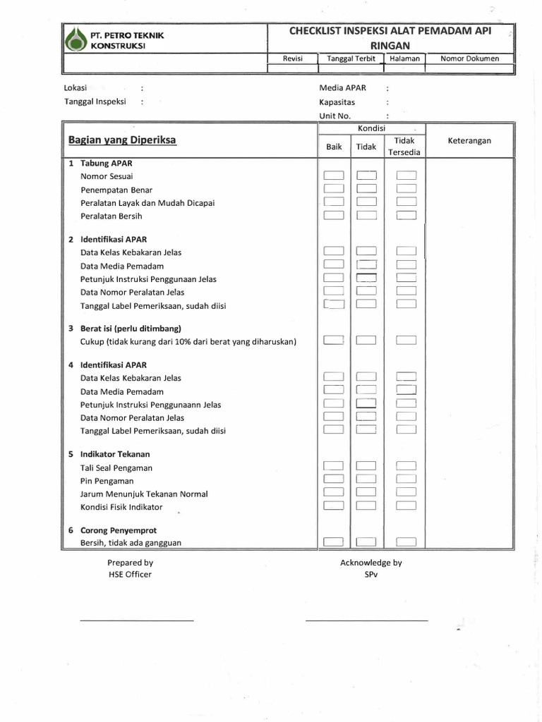 Checklist Inspeksi APAR Lengkap | PDF
