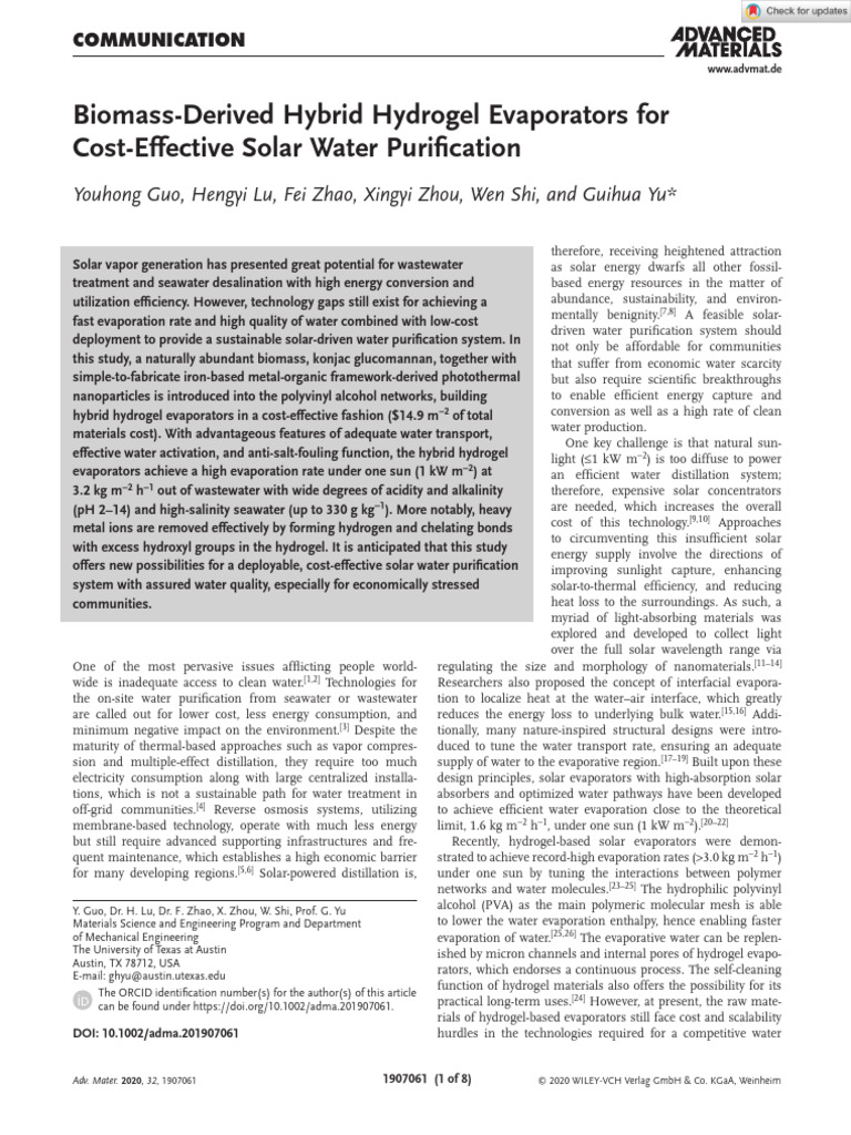 Biomass Hybrid Hydrogel for Solar Purification | PDF | Water | Hydrogen
