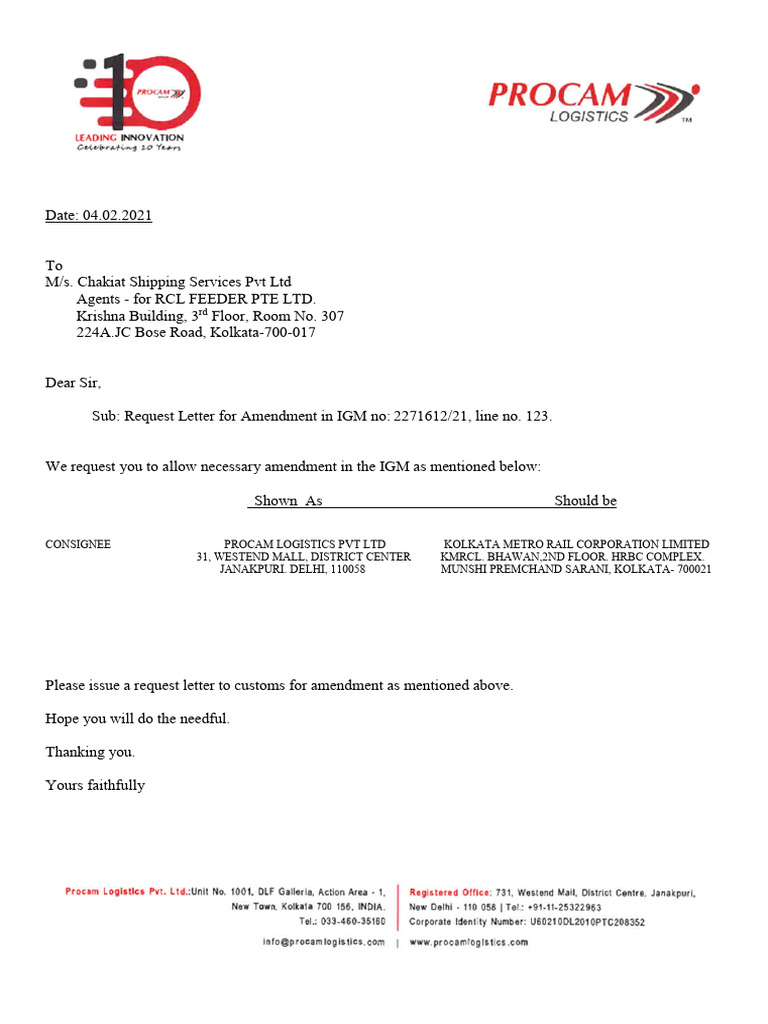 Amendment Letter To Shipping Line | PDF