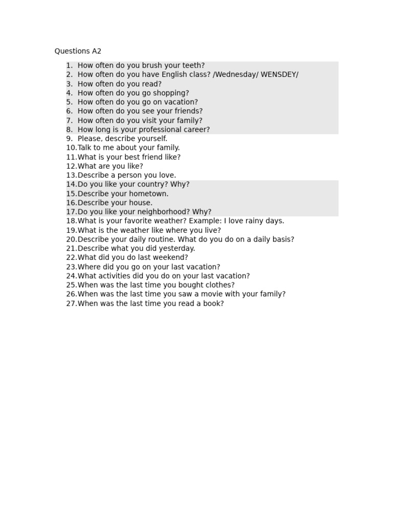 A2 Speaking Questions | PDF