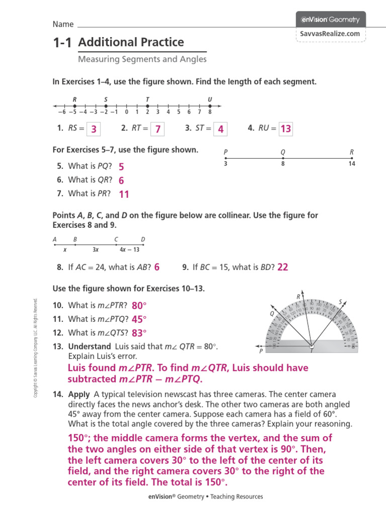 Answer Key - 1-1 - Additional Practice | PDF | Angle | Geometry