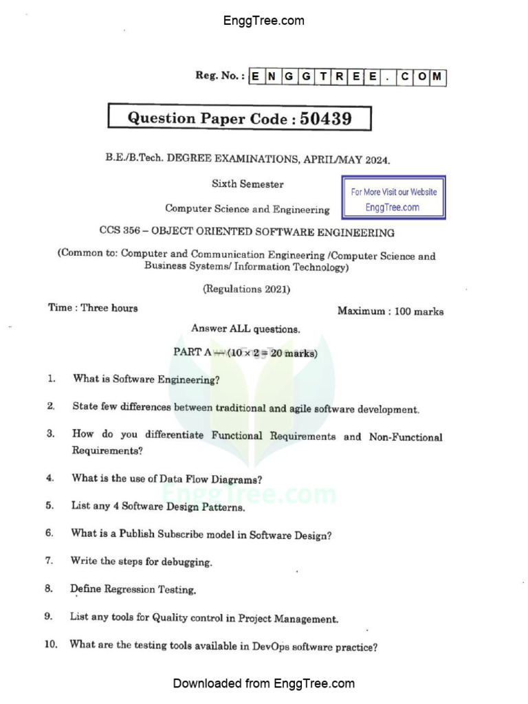 CCS356 Object Oriented Software Engineering Apr May 2024 Question Paper Download | PDF