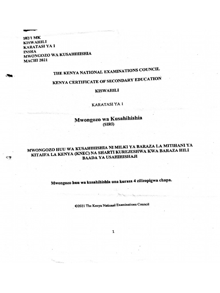 Kiswahili Paper 1 Marking Scheme KCSE 2020 Teacher - Ac | PDF