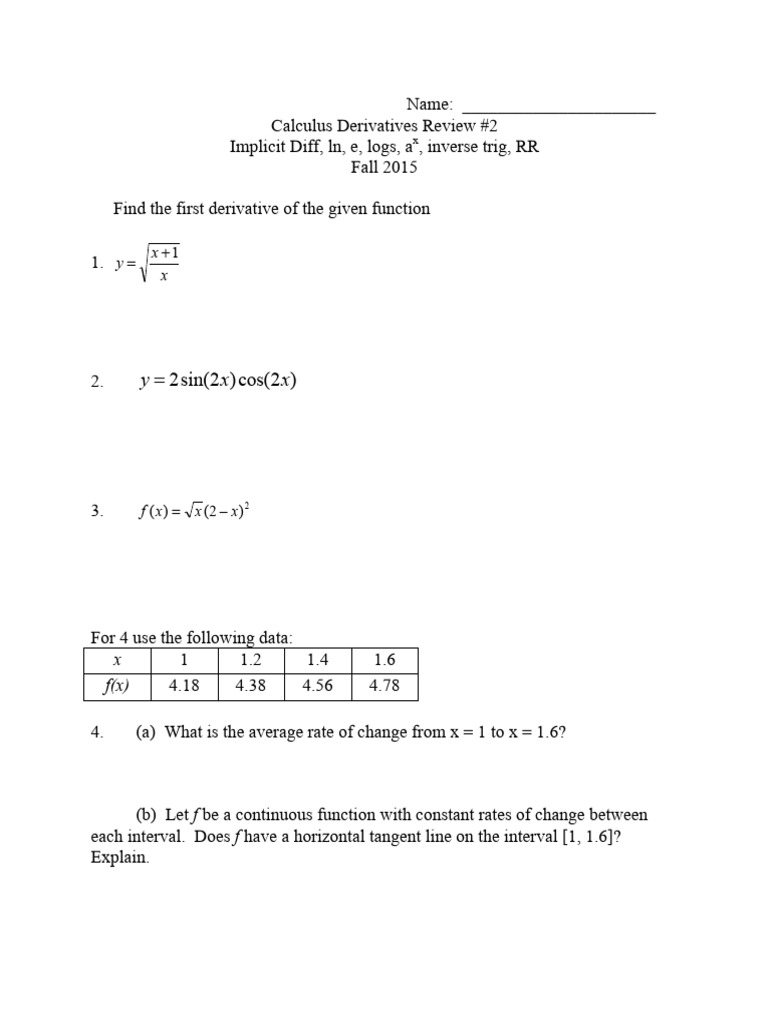 Review - Derivatives #2 F15 | PDF | Derivative | Calculus