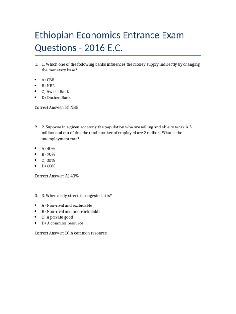 Ethiopian Economics Entrance Exam 2016 EC-1 | PDF