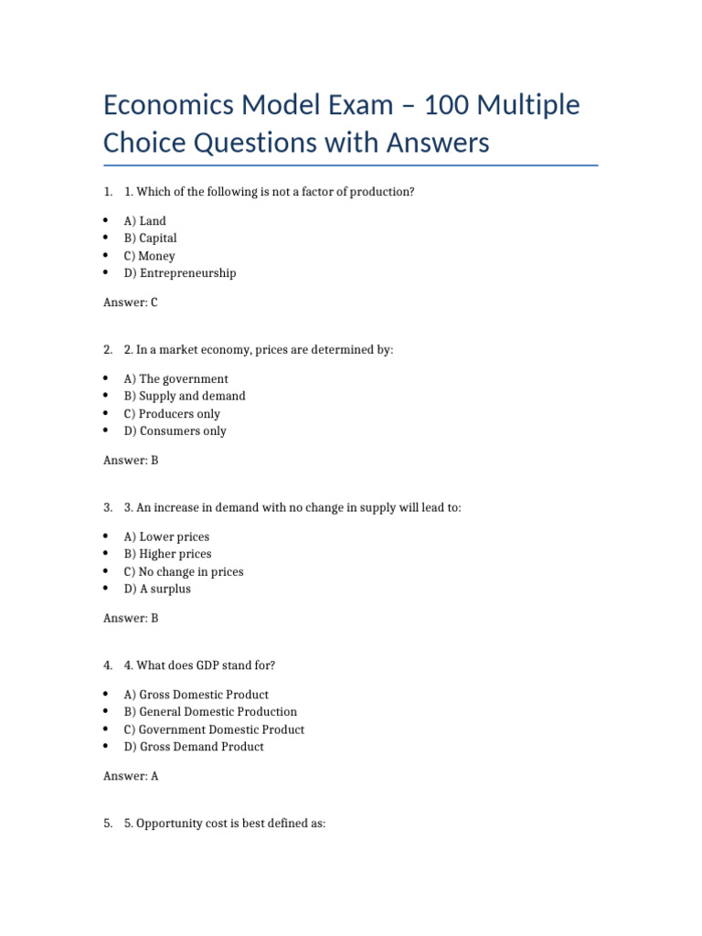 Economics Exam: 100 Questions & Answers | PDF | Gross Domestic Product ...