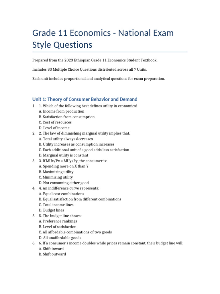 Grade11 Economics MCQs All Units | PDF | Perfect Competition | Monopoly