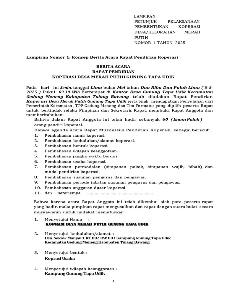 Berita Acara Rapat Anggota Kopdes GT Udik 2025 | PDF