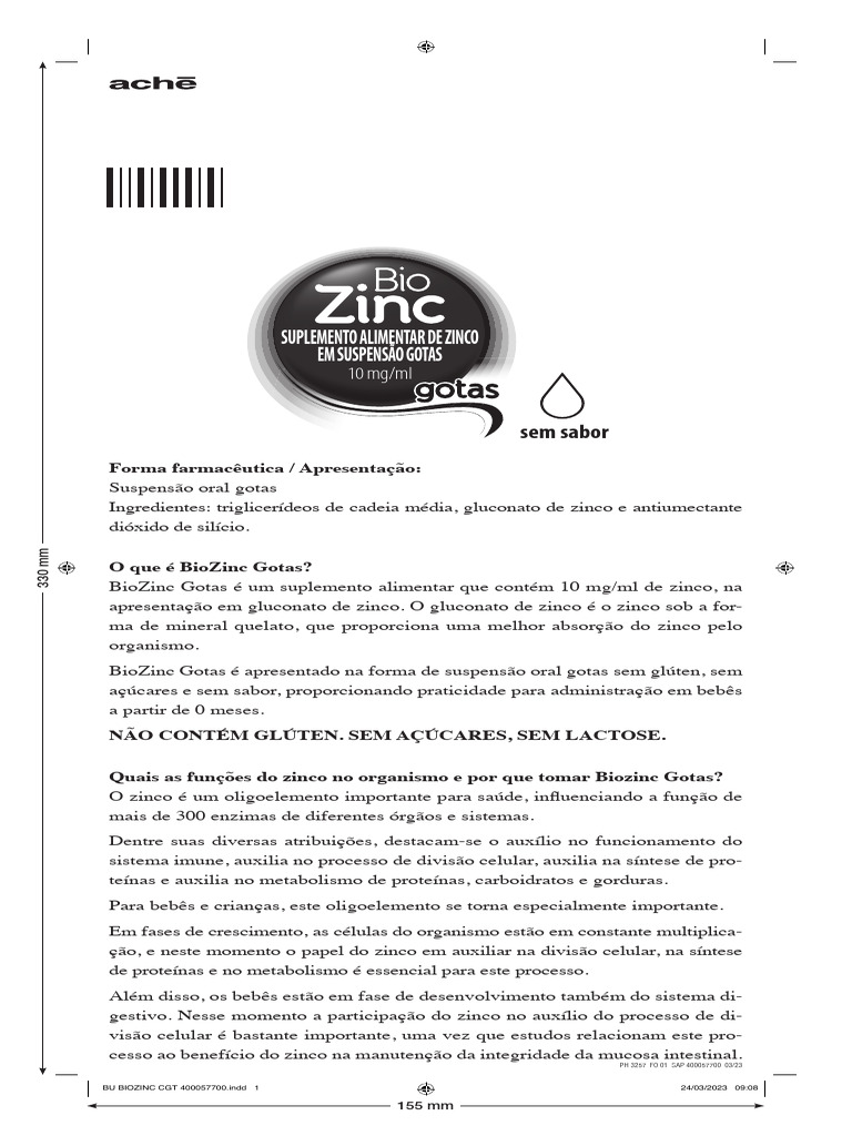 Folheto - Biozinc Gotas | PDF | Célula (Biologia) | Micronutriente