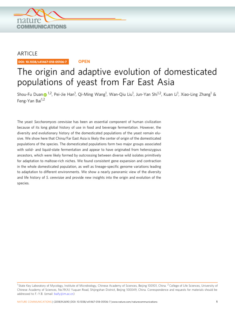 The Origin and Adaptive Evolution of Domesticated Yeast(S. Cervisidae ...