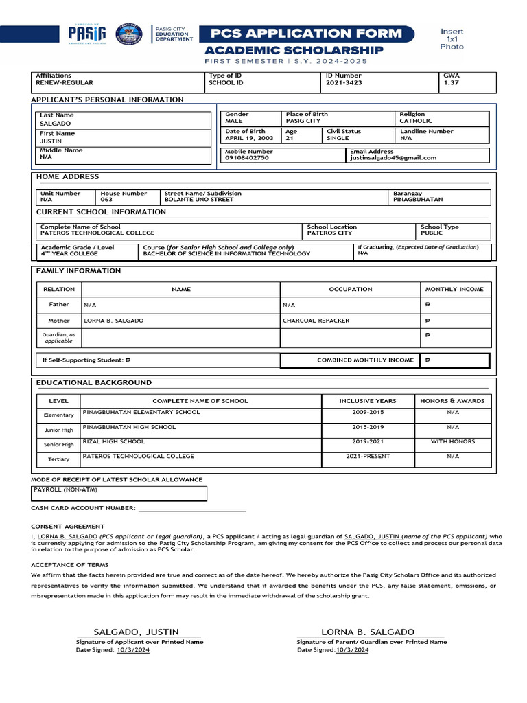 Salgado Justin Pcs Application Form PDF Fileacademic v2 1st Sem Sy 24 ...