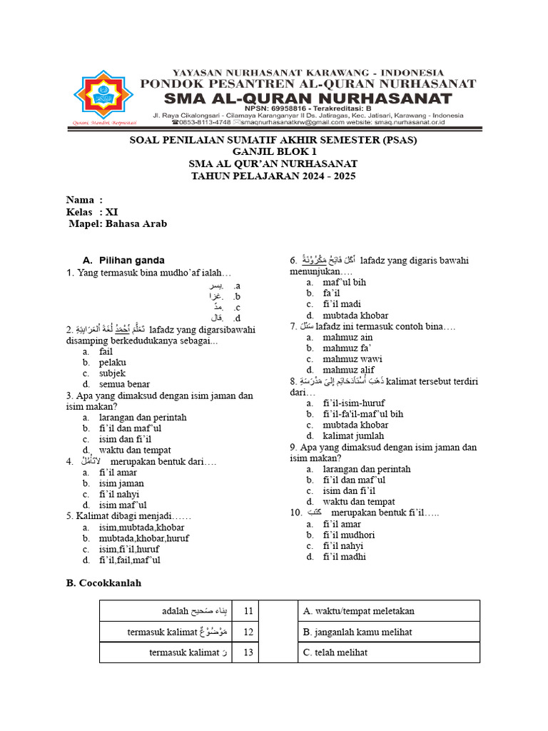 SOAL (PSAS) B.Arab Kls 11 THN 2024-2025 | PDF
