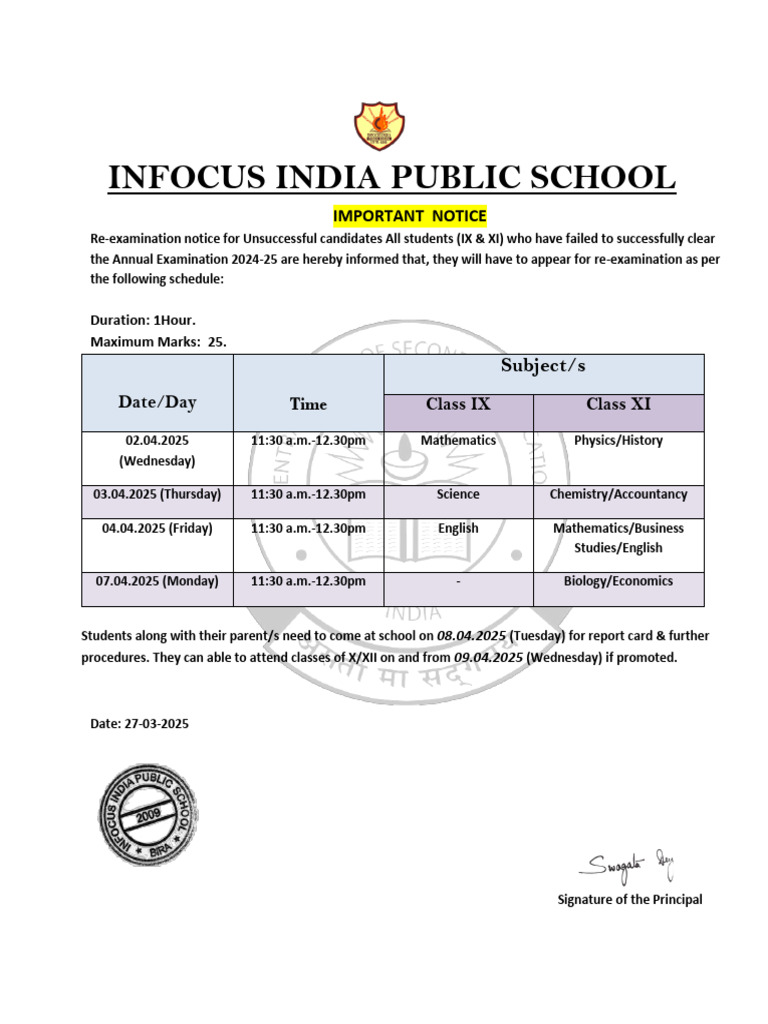Re-examination Notice for IX & XI Students | PDF