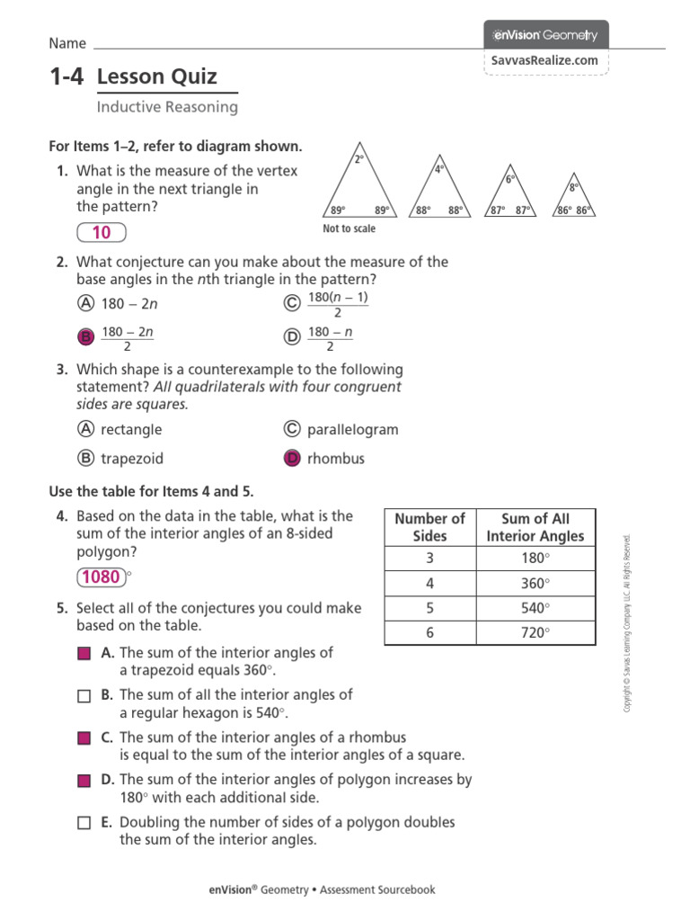 Answer Key - 1-4 - Lesson Quiz | PDF | Polytopes | Euclid