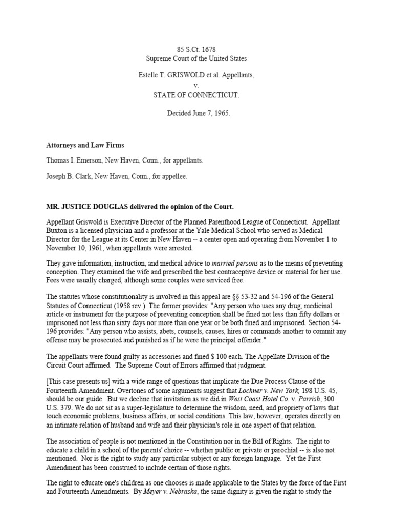 Griswold v. Connecticut (1965) - Edited | PDF | Griswold V. Connecticut ...
