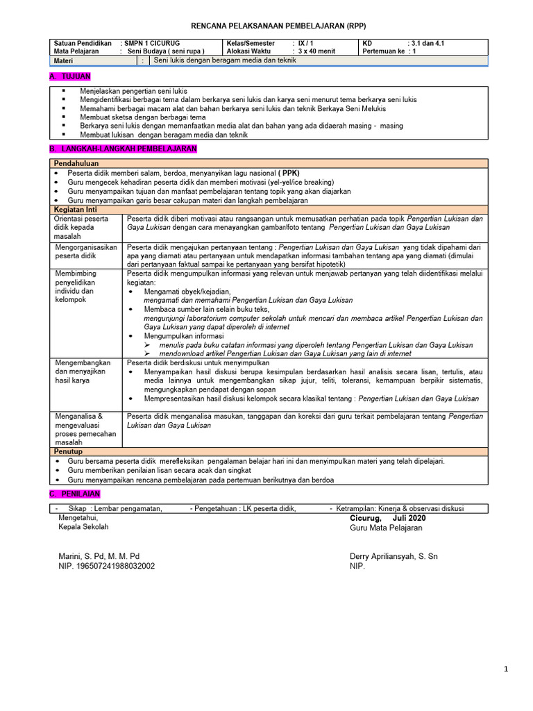 RPP SBK Seni Rupa 9, Rev 2020 | PDF