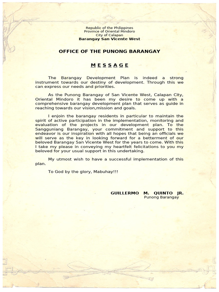 Message from Punong Barangay on BDP | PDF