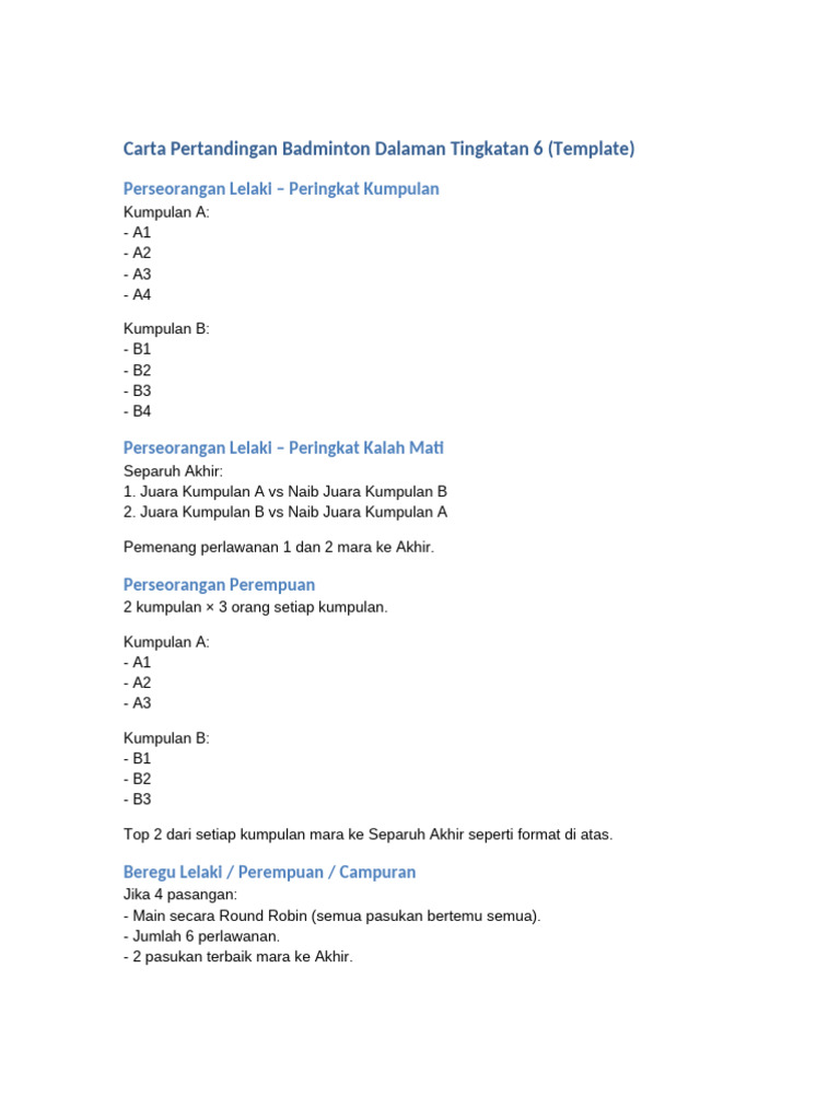 Template Carta Pertandingan Badminton Tingkatan 6 | PDF