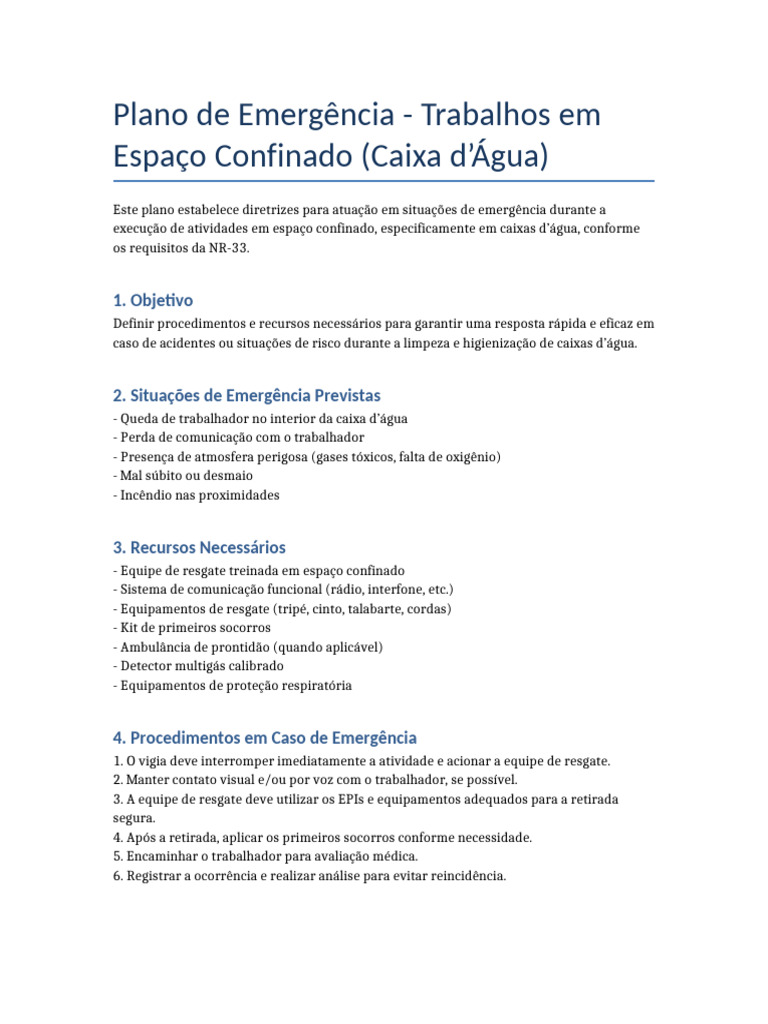 Plano Emergencia Caixa Dagua NR33 | PDF