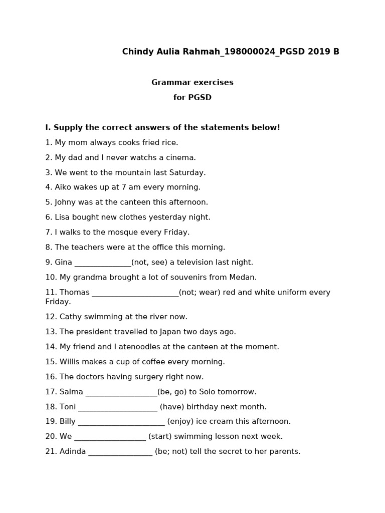 Grammar Exercises for PGSD Students | PDF