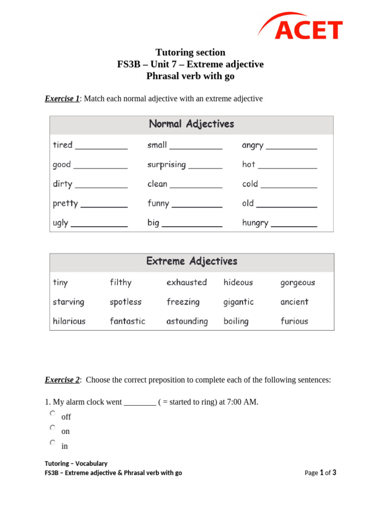 FS3B - Unit 7 - Extreme Adjective - Phrasal Verb With Go | PDF
