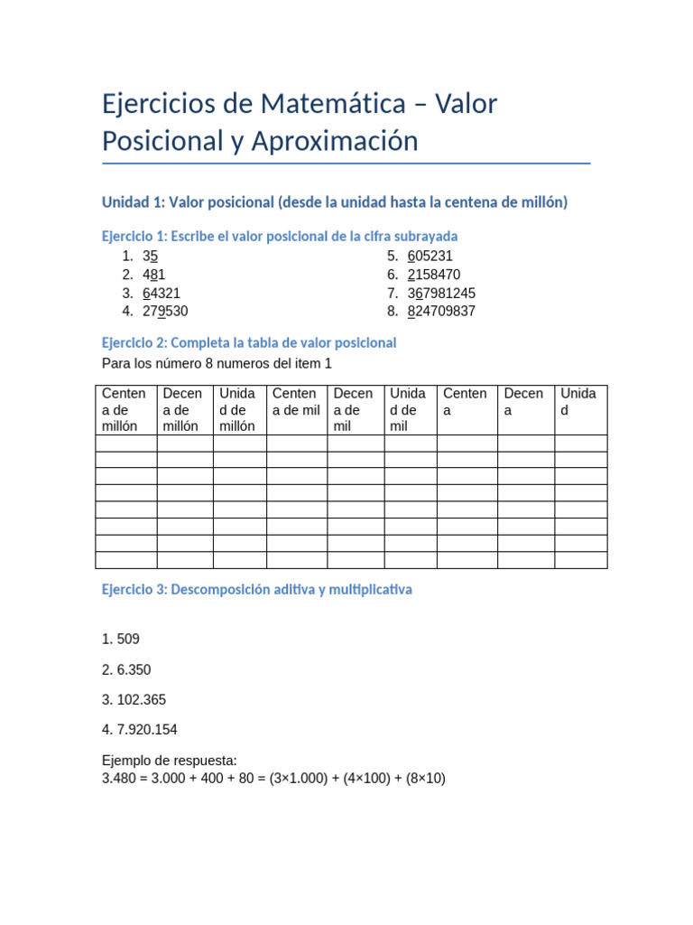 Ejercicios Matematica Valor Posicional Aproximacion | PDF