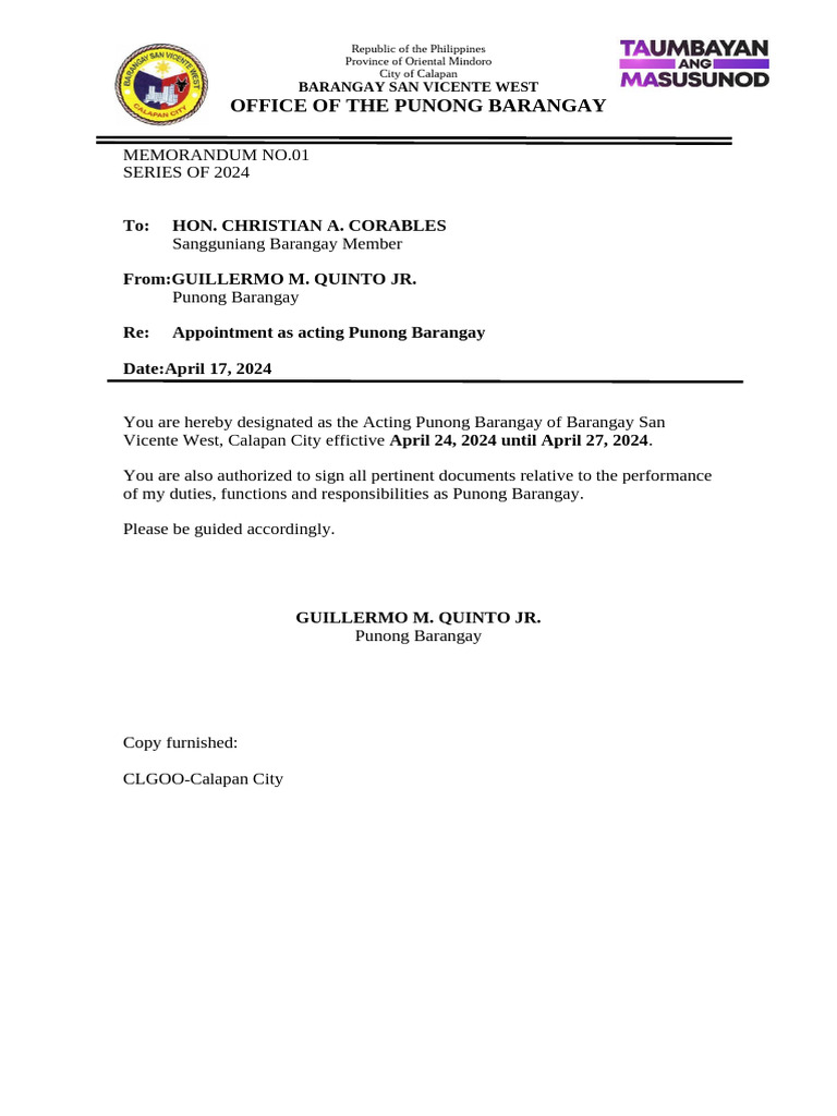 Acting Punong Barangay Designation | PDF
