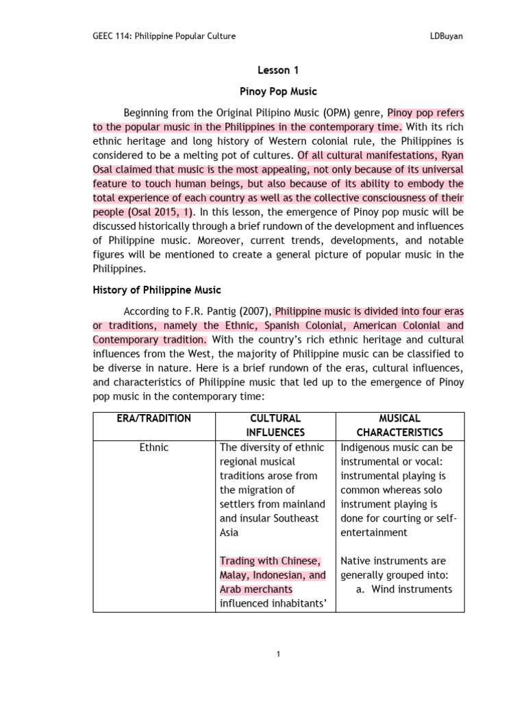 Lesson 1 Pinoy Pop Music | PDF | Entertainment | Performing Arts