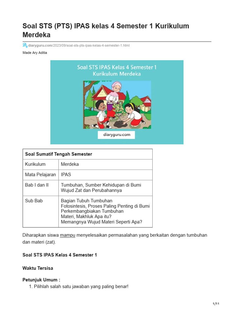 Soal STS PTS IPAS Kelas 4 Semester 1 Kurikulum Merdeka | PDF