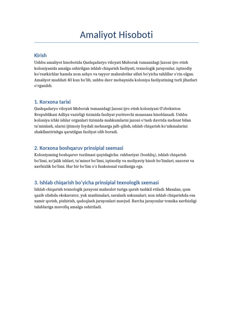 Amaliyot Hisoboti Birinchi Qism | PDF