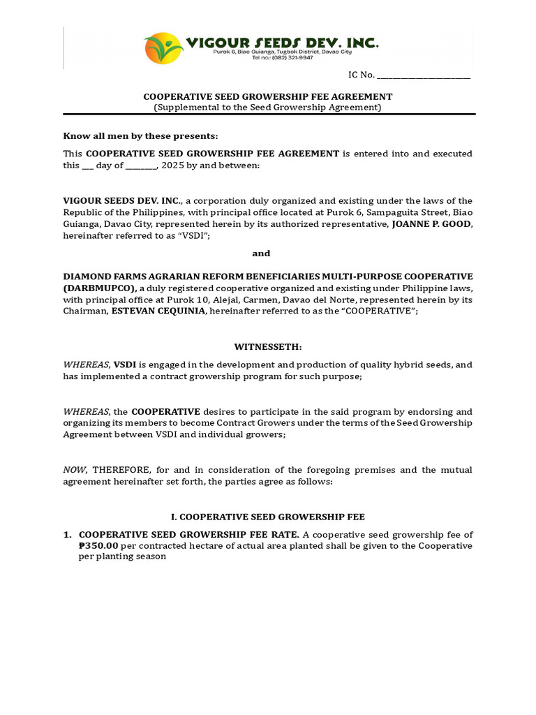 Alejal_Contract for Cooperative Seed Growership Fee_Drafts | PDF | Common Law | Justice