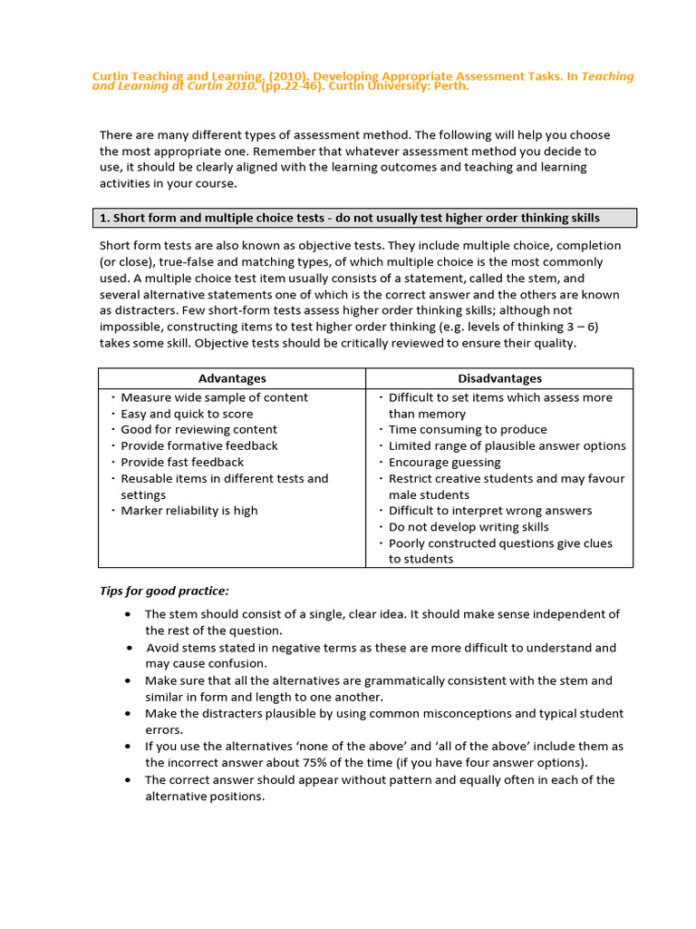 Types of Assessment Method | PDF | Multiple Choice | Educational Assessment