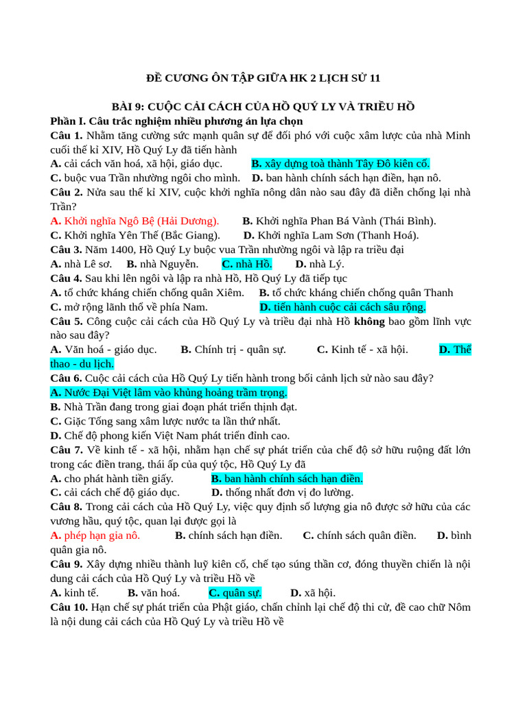 De Cuong On Tap Lich Su 11 Giua Ki 2 1 | PDF