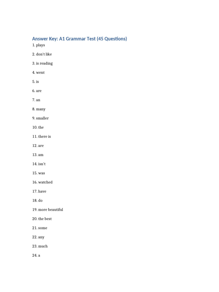A1 Grammar Test Answer Key | PDF