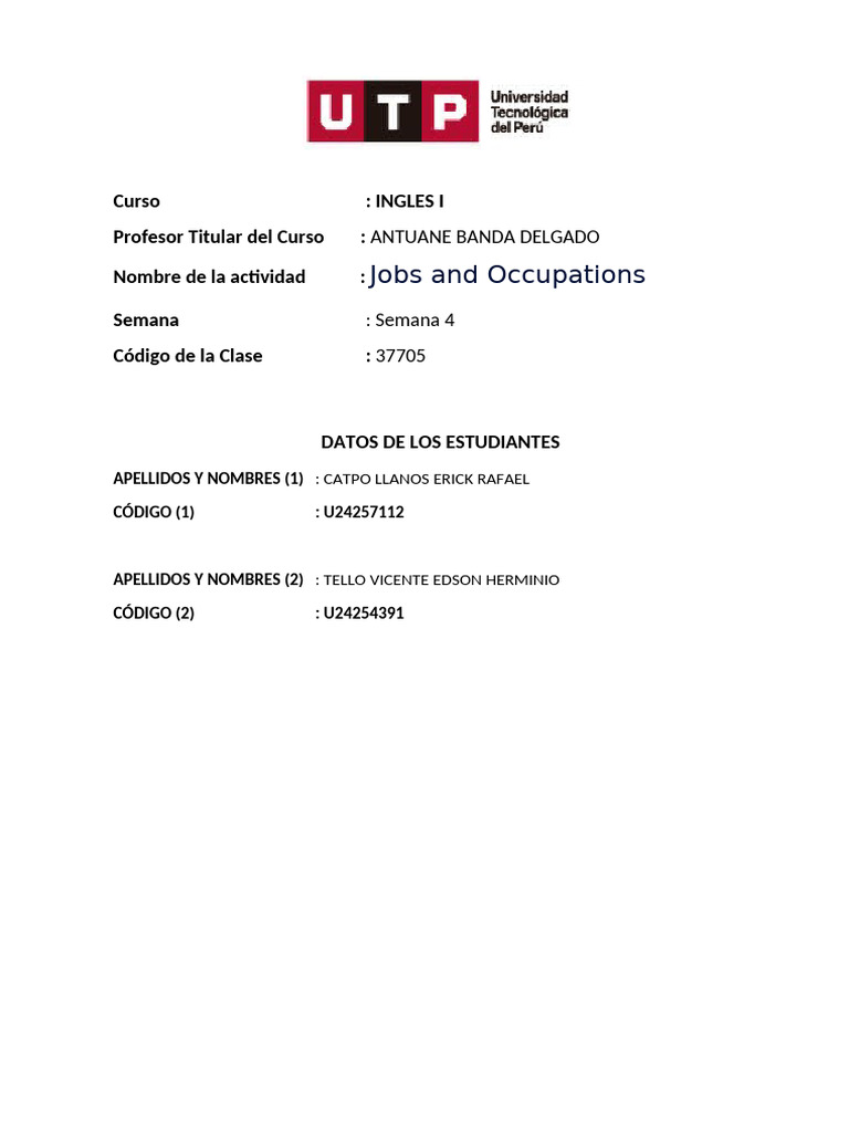 English I: Jobs and Occupations Activity | PDF