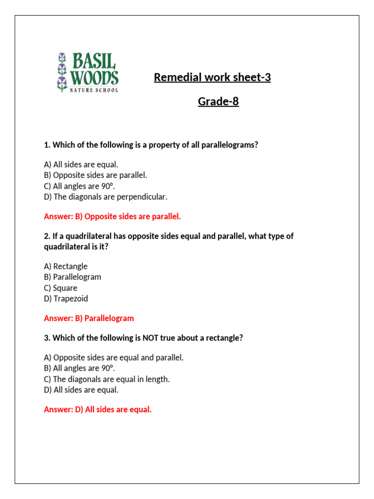 Remedial Work Sheet3 MCQ For Grade-8 | PDF | Rectangle | Perpendicular