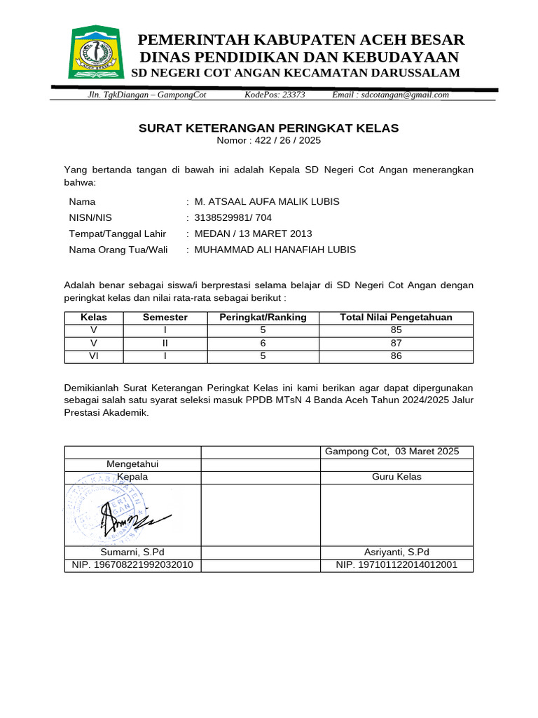 Surat Keterangan Peringkat Kelas | PDF