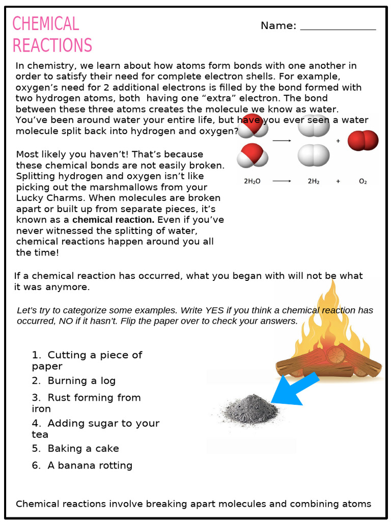 ChemicalReactionsReadingComprehensionWorksheets-student Task 2 | PDF ...