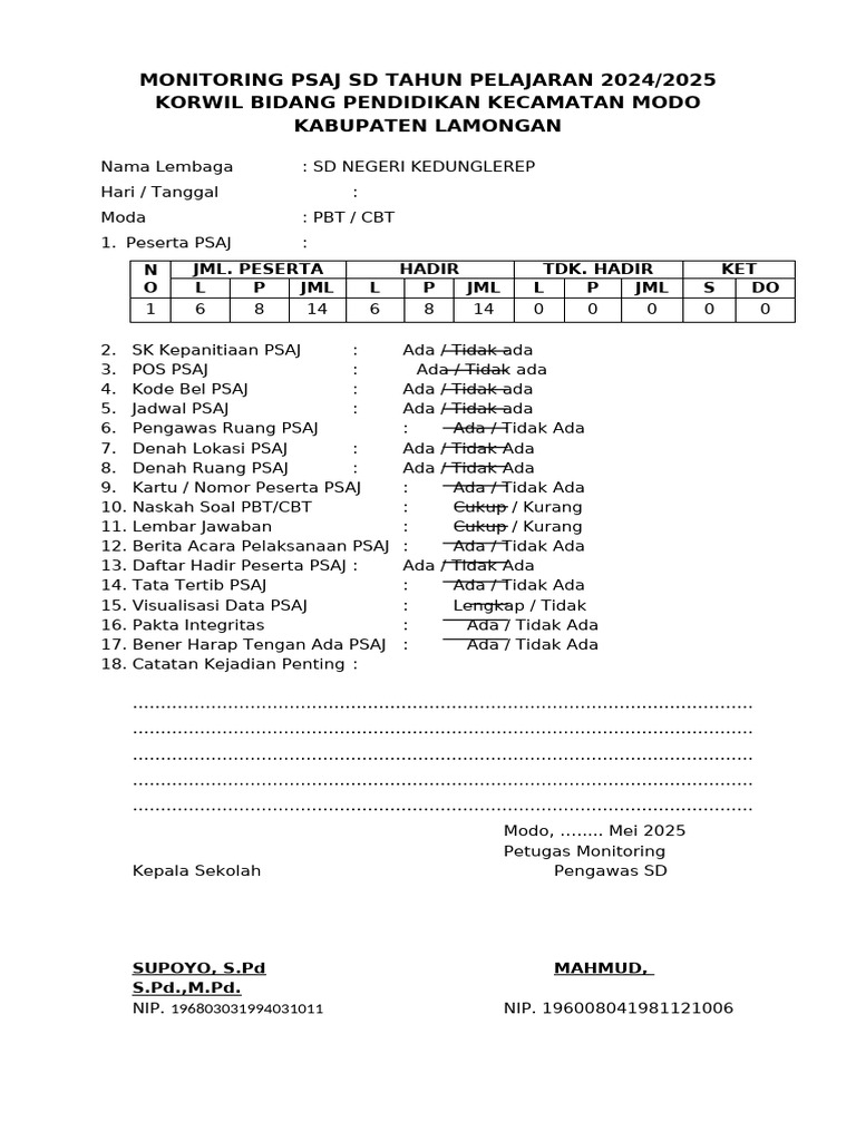Instrumen Monev Psaj Th. 2025 P. Mahmud | PDF