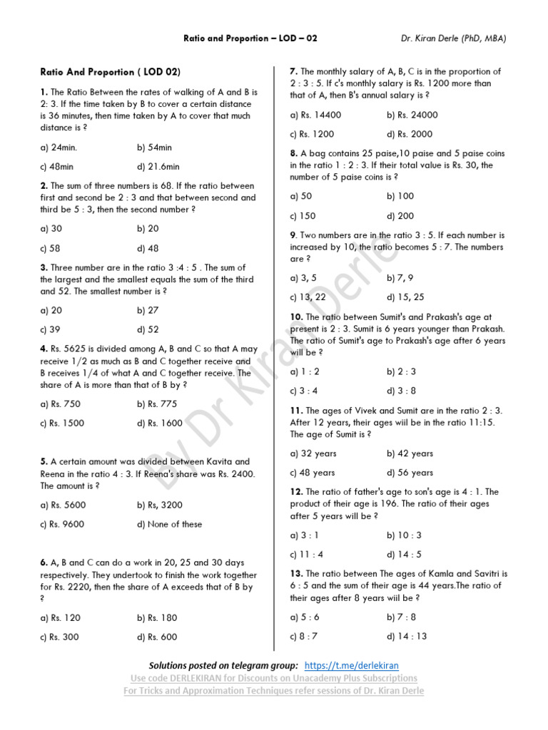 Ratio and Proportion Practice Questions | PDF | Ratio
