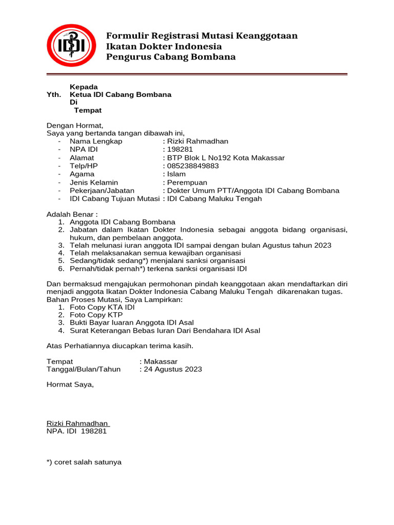 Surat Permohonan Mutasi Anggota | PDF