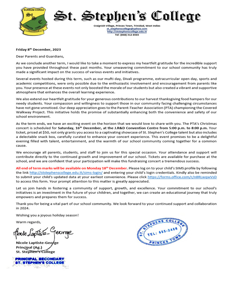 End of Term Message to Parents | PDF