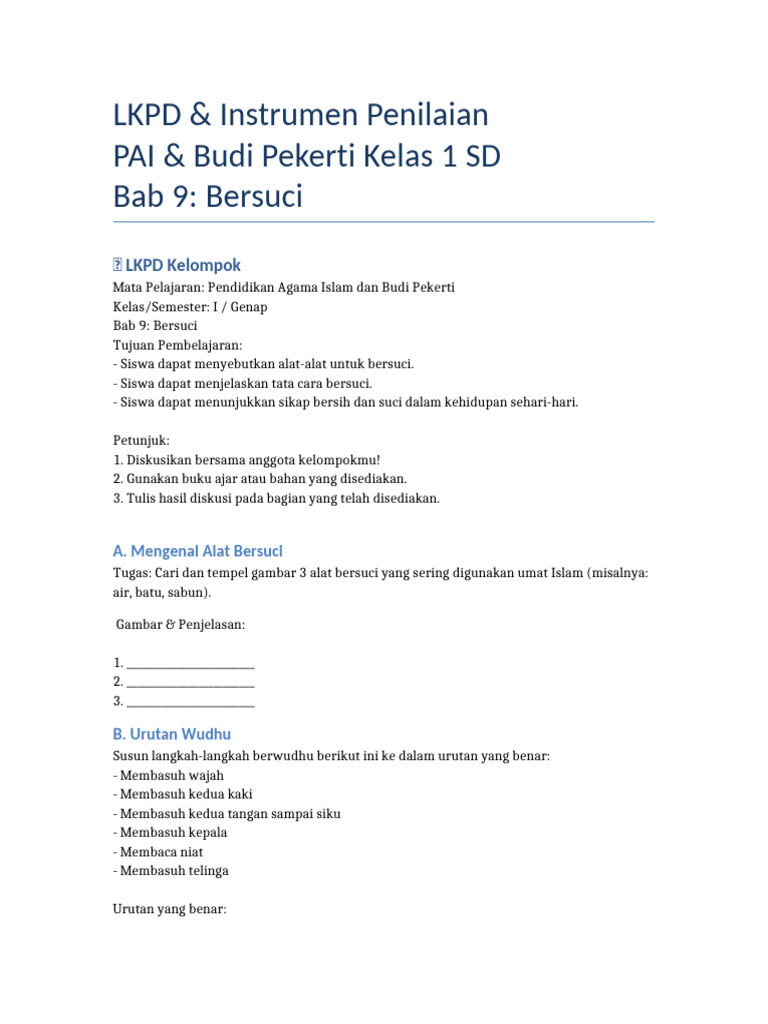 LKPD Bab9 Bersuci Kelas1SD | PDF