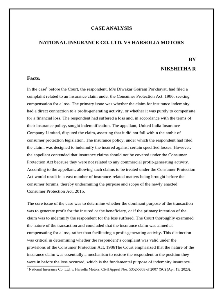 Case Analysis - National Insurance Co. Ltd. VS Harsolia Motors | PDF ...