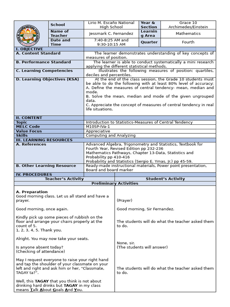Jessmark's 1st Lesson Plan For 2nd Shift (Intro To Statistics-Measures of Central Tendency ...
