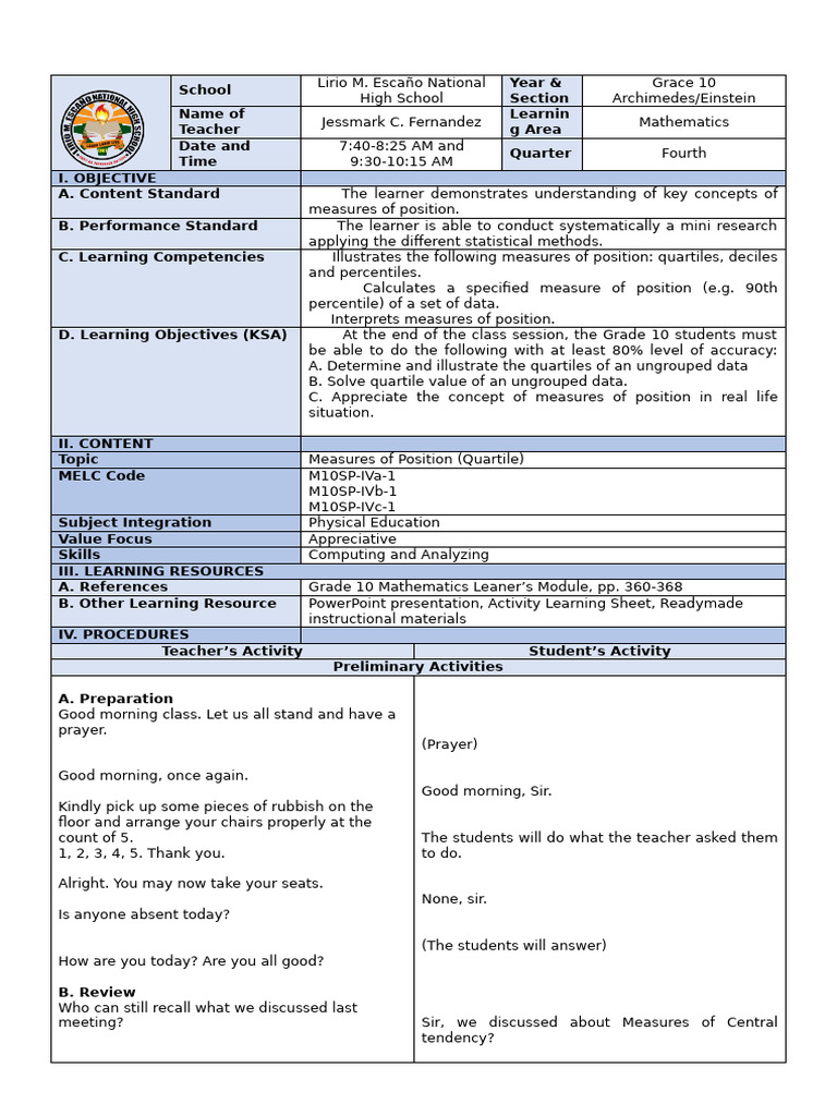 Jessmark's 2nd Lesson Plan For 2nd Shift (Quartile-Ungrouped) | PDF | Quartile | Descriptive ...