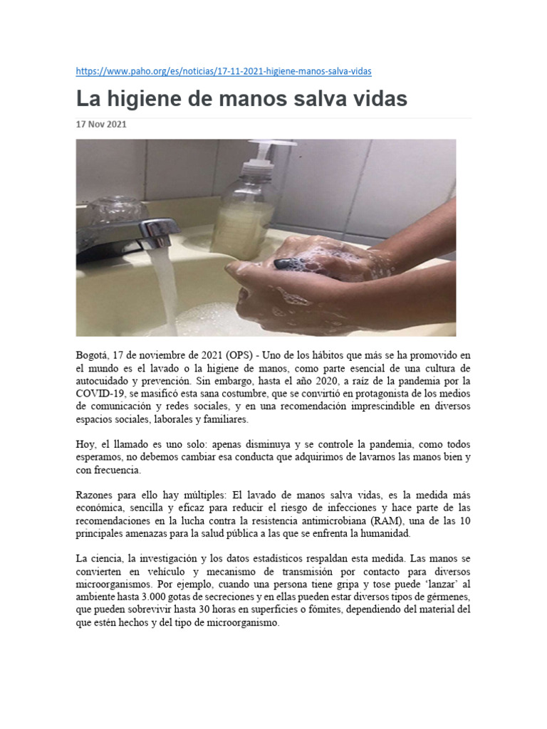 Artículo OPS - La Higiene de Manos Salva Vidas | PDF | Lavado de manos | Salud pública