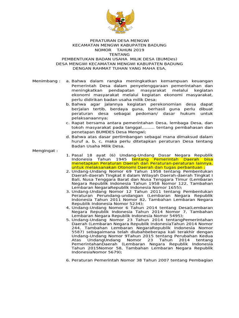 Perdes Bumdes Desa Mengwi 2019 | PDF