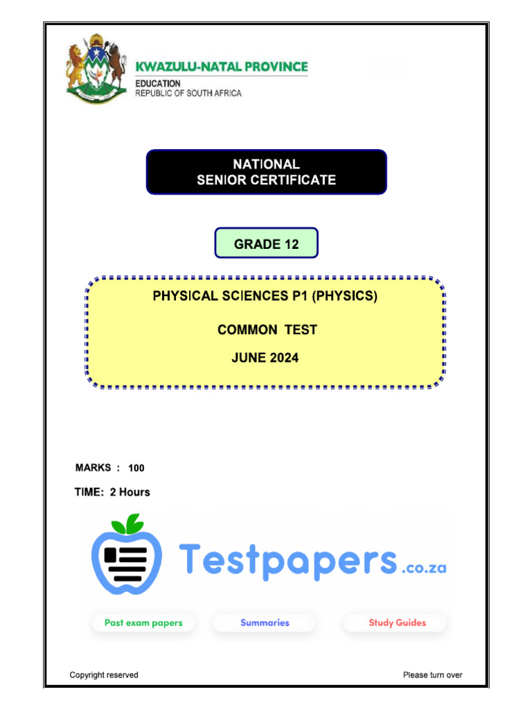 Physical Sciences Physics P1 QP May June 2024 KZN | PDF